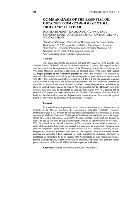 Pdf Gc Ms Analysis Of The Essential Oil Obtained From Ocimum