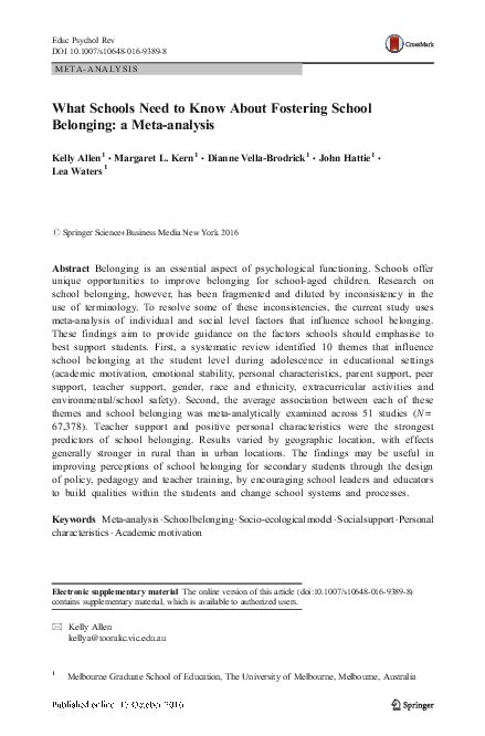 Pdf What Schools Need To Know About Fostering School Belonging A