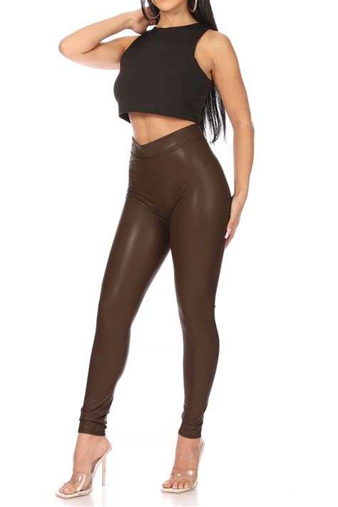 Womens Solid Faux Leather Leggings