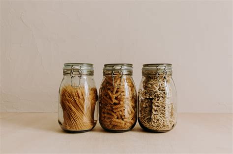 나무 테이블에 말린 조리되지 않은 식품 재료로 가득 찬 유리 항아리 용기 3 개 깔끔한에 대한 스톡 사진 및 기타 이미지