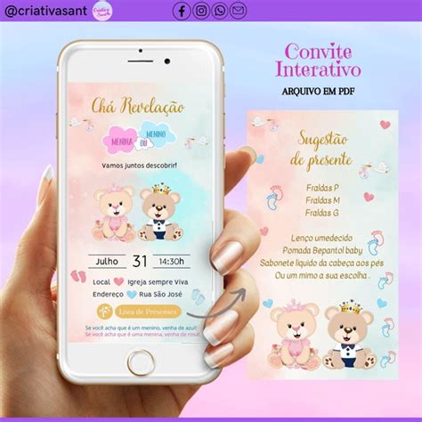 Convite Digital Interativo Chá Revelação Ursinhos Elo7
