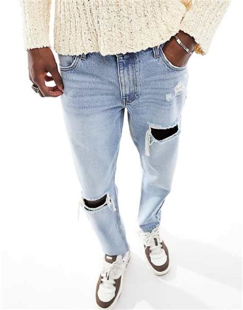 Asos Design Classic Rigid Jeans With Rips In Light Wash Blue Asos