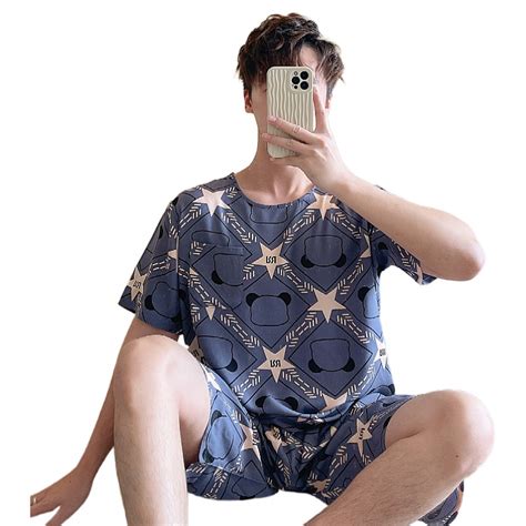 夏季睡衣男短袖棉绸薄款学生套装人造棉绸青少年宽松纯绵绸家居服虎窝淘