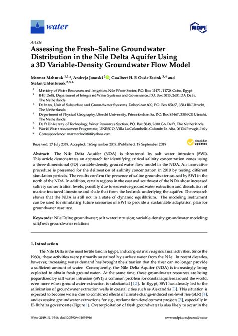 Pdf Assessing The Freshsaline Groundwater Distribution In The Nile Delta Aquifer Using A 3d
