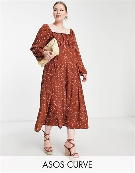 Asos Design Curve Robe Mi Longue à Pois Encolure Carrée Et Fronces