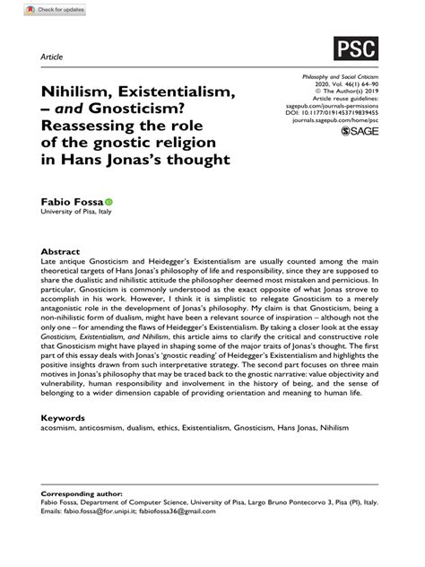 Fossa F Niilism Existentialism And Gnosticism Ressessing The Role Of The Gnostic Religion