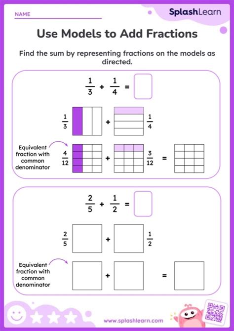 Adding Unlike Fractions Using Models Worksheet