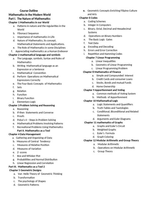 Course Outline Mathematics In The Modern World Pdf