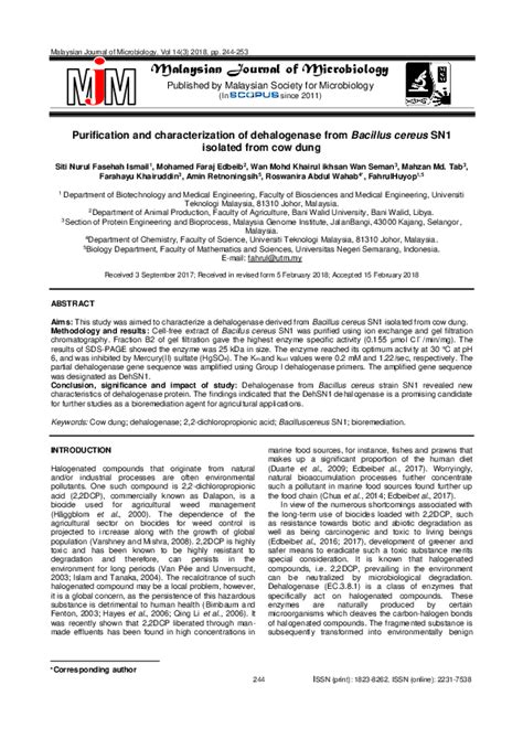 Pdf Purification And Characterization Of Dehalogenase From Bacillus Cereus Sn1 Isolated From