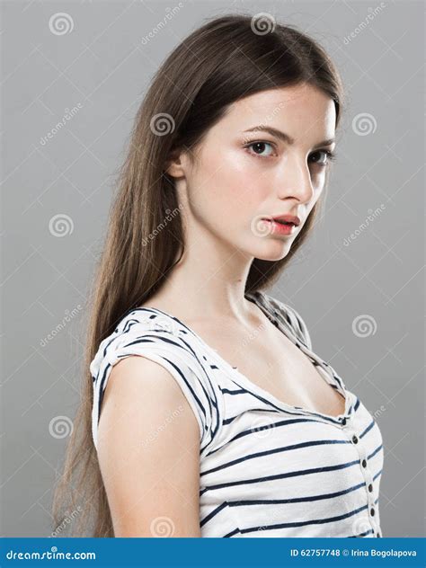Beautiful Young Woman Portrait Cute Tender Pure Smiling Posing Gray