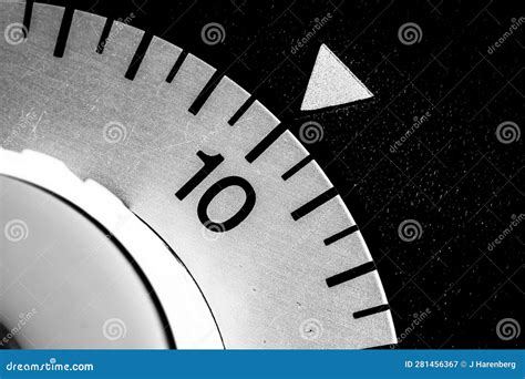 Monochrome Close Up Of An Old Analog Laboratory Timer Set To Ten Stock