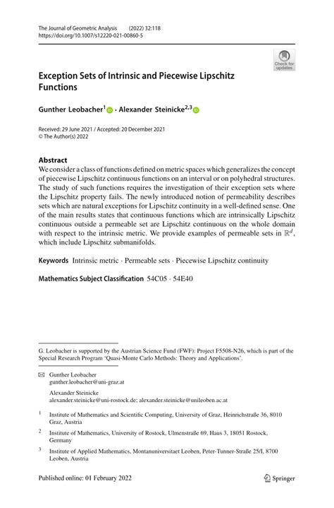 Pdf Exception Sets Of Intrinsic And Piecewise Lipschitz Functions