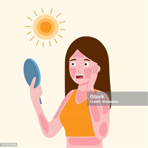 평평한 디자인으로 얼굴과 몸에 햇볕에 화상을 입는 것을 걱정하는 젊은 여성 손 거울 Uv 방사선은 더운 여름날에 피부를