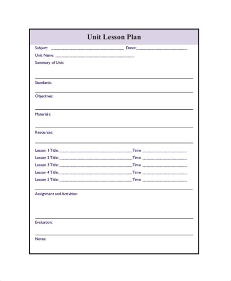 Blank Unit Lesson Plan Template 1 Professional Templates