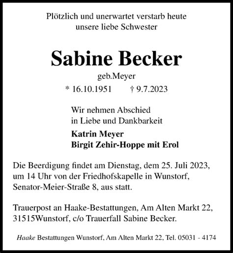 Traueranzeigen Von Sabine Becker Trauer Anzeigen De