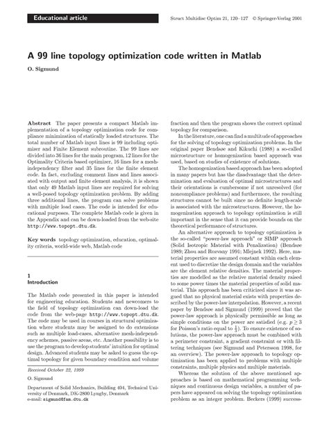 A 99 Line Topology Optimization Code Written In Matlab O Sigmund