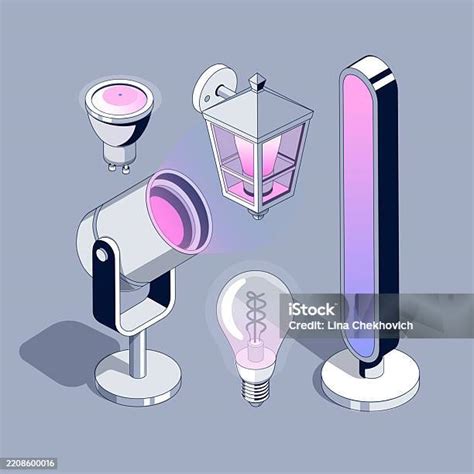 최신 Ai 제어 설비를 사용한 스마트 조명 컬렉션 아이소메트릭 램프 세트 스포트 라이트 벡터 일러스트 레이 션 0명에 대한 스톡