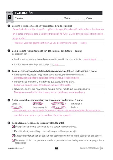 Examen De 4º Primaria Exámenes De Lengua Y Literatura Docsity
