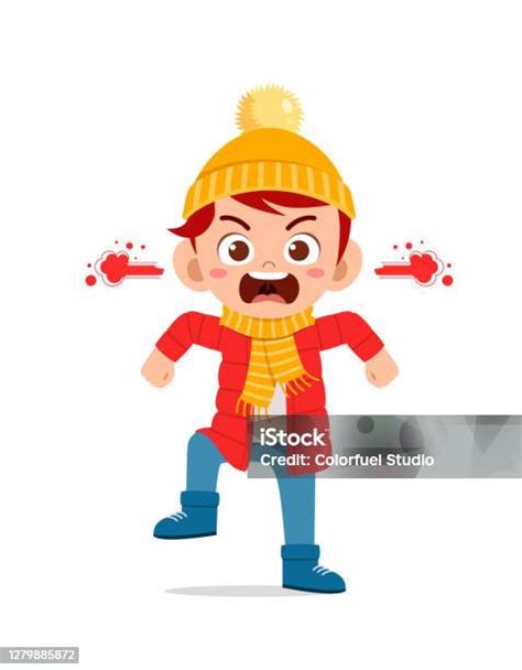 화가 귀여운 작은 아이가 비명을 지르고 겨울 시즌에 재킷을 착용 따뜻한 옷을 입고 외치는 아이 아이에 대한 스톡 벡터 아트 및