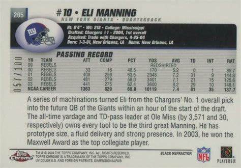 2004 Topps Chrome Black Refractors 205 Eli Manning Trading Card