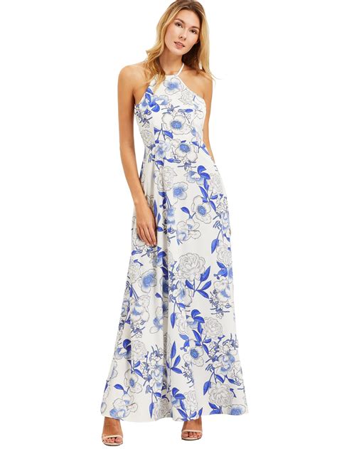 White Halter Neck Floral Print Maxi Dress Sheinsheinside