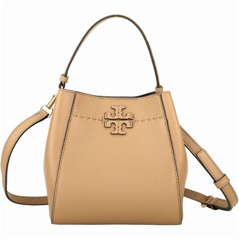 Tory Burch Mcgraw 雙t縫線設計牛皮手提斜背水桶包駝色 兩用包 Yahoo奇摩購物中心