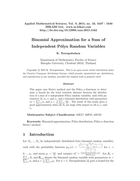 Pdf Binomial Approximation For A Sum Of Independent Pólya Random