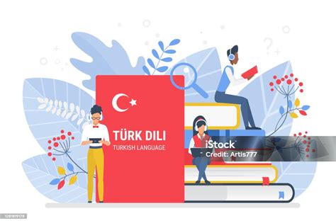 터키어 벡터 일러스트레이션을 배우는 사람들 터키 원격 교육 온라인 학습 과정 개념 책 만화 문자를 읽는 학생 외국어를 가르치는 것 3차원 형태에 대한 스톡 벡터 아트 및
