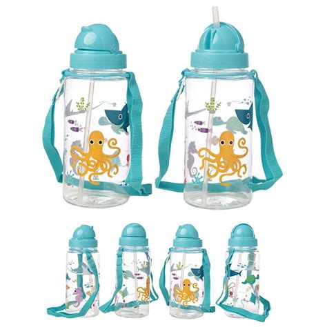 Botella De Agua Infantil Con Pajita Mundo Marino 450ml