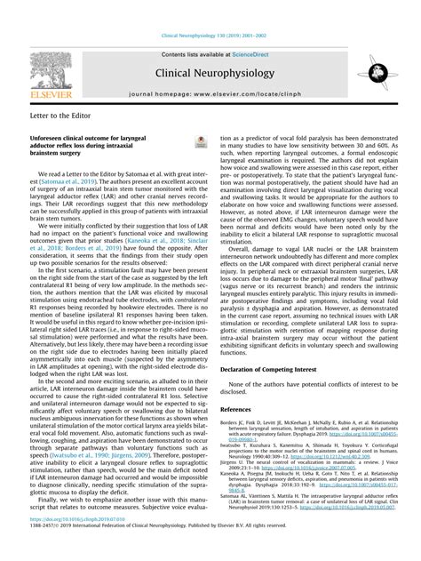 Pdf Unforeseen Clinical Outcome For Laryngeal Adductor Reflex Loss
