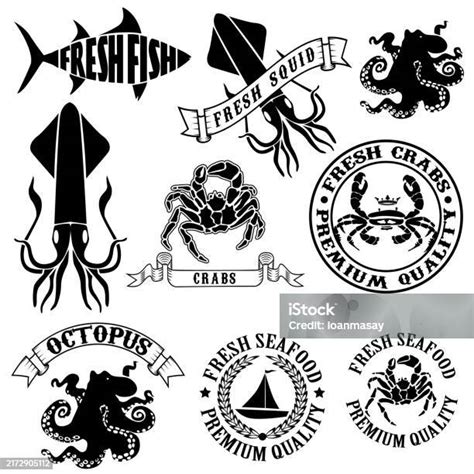 해상 라벨 해산물 일러스트레이션 및 벡터의 디자인 요소 모음 엠블럼 라벨 또는 배지 템플릿 개체 그룹에 대한 스톡 벡터 아트 및 기타 이미지 Istock