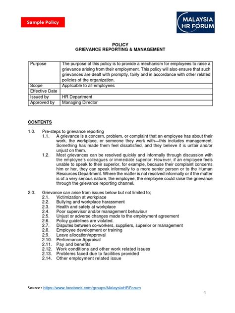 Sample Policy Grievance Reporting And Management Policy Pdf Pdf