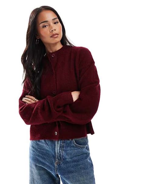 Asos Design Puff Sleeve Crew Neck Cardigan In Burgundy Asos