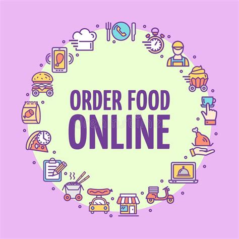 Food Order Online Service Sign Round Design Template Color Thin Line Icon Banner Vector Stock