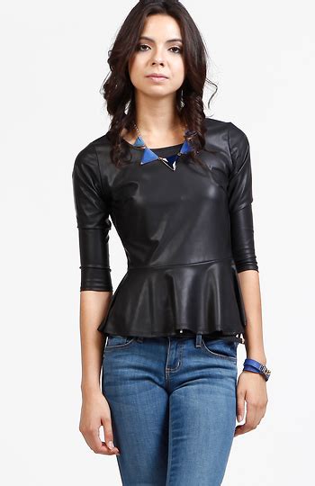 Faux Leather And Zipper Back Peplum Top In Black Dailylook