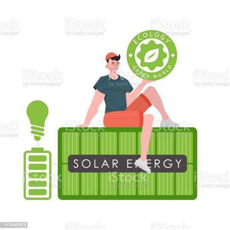 그 남자는 태양 전지판에 앉아서 Eco 로고를 손에 쥐고 있습니다 생태학과 녹색 에너지의 개념 흰색 배경에 고립되어 있습니다