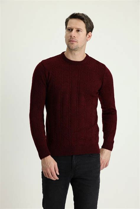 Şarap Bordo Bisiklet Yaka Regular Fit Desenli Triko Kazak