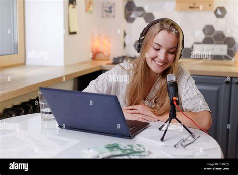 Happy Girl Interpreter In Headset Translate Write Notes Listen Audio