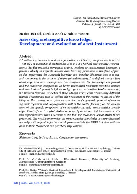 Pdf Keywords Metacognition Self Regulation Competence Assessment