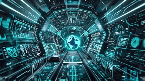 Futuristic Digital Interface Showing Earth In A Cyberspace Tunnel Premium Ai Generated Image