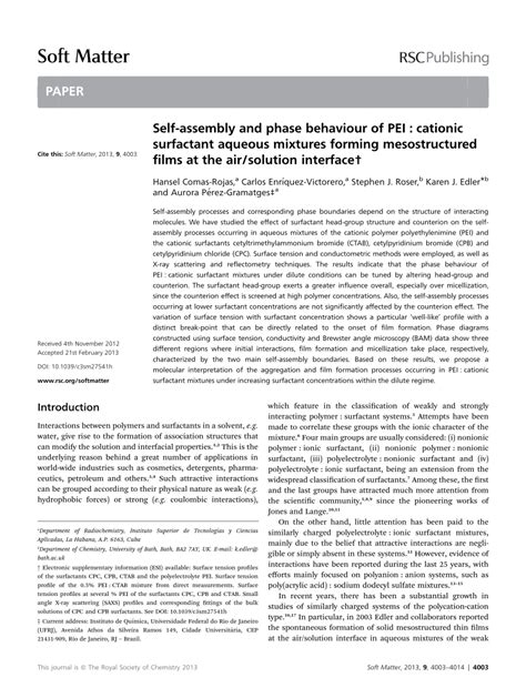 Pdf Self Assembly And Phase Behaviour Of Pei Cationic Surfactant