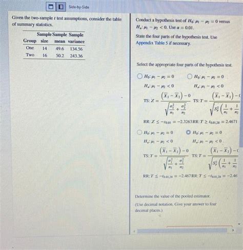 Solved Side By Side Given The Two Sample T Test Assumptions Chegg