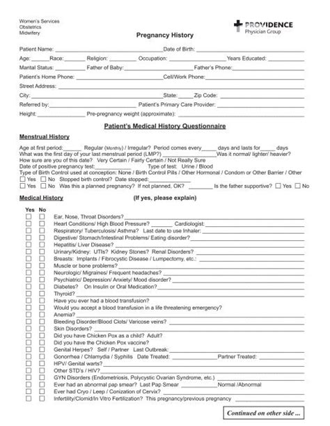 Pregnancy History Patients Medical History Questionnaire