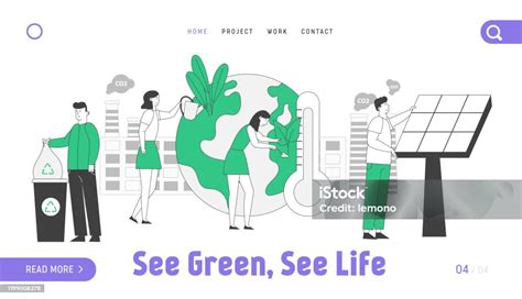 지구 환경 웹 사이트 방문 페이지를 저장합니다 식물의 문자 관리 재활용 쓰레기통에 쓰레기를 던지고 태양 전지 패널 웹 페이지