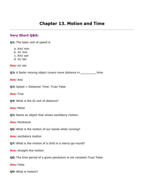Cbse Class 7th Science Value Based Questions Chapter 13 Motion And Time Pdf Download Pdf