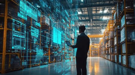 Man Using Tablet In Warehouse With Holographic Data Visualization Premium Ai Generated Image