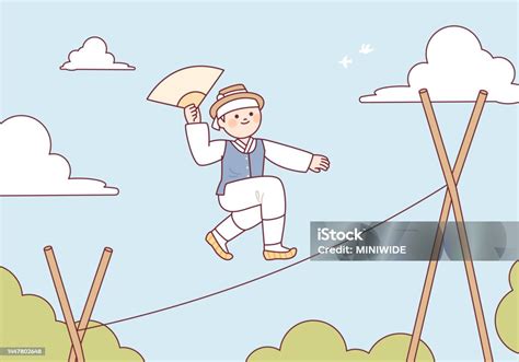 한국의 전통 서커스인 줄타기 워커가 한 손에 선풍기를 들고 밧줄을 타고 점프하고 있습니다 곡예 활동에 대한 스톡 벡터 아트 및