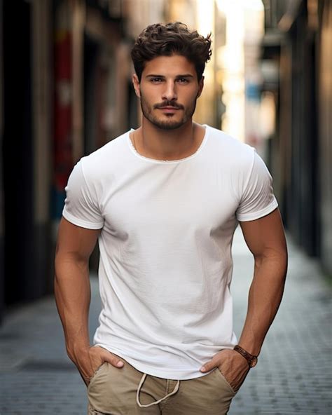 Premium Photo Male Latin Model In A Classic White Cotton Tshirt On A
