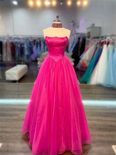 Hot Pink Long Tulle Prom Dresses Hot Pink Long Tulle Formal Evening D