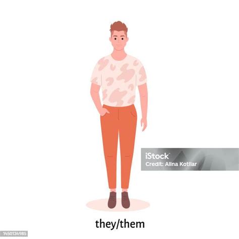 성별 대명사를 가진 청년 그녀 그 그들 논바이너리 성 중립 운동 Lgbtq 커뮤니티 손으로 그린 벡터 일러스트 레이 션